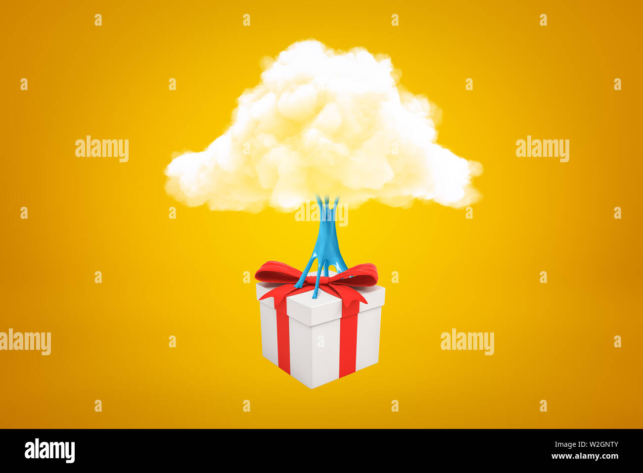 3d rendering of gift box with red ribbon stuck to white cloud with blue ...