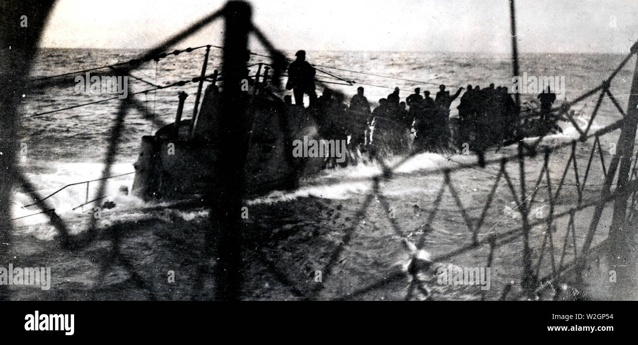 A view of the captured Germans on the deck of the sinking U-boat, sunk ...