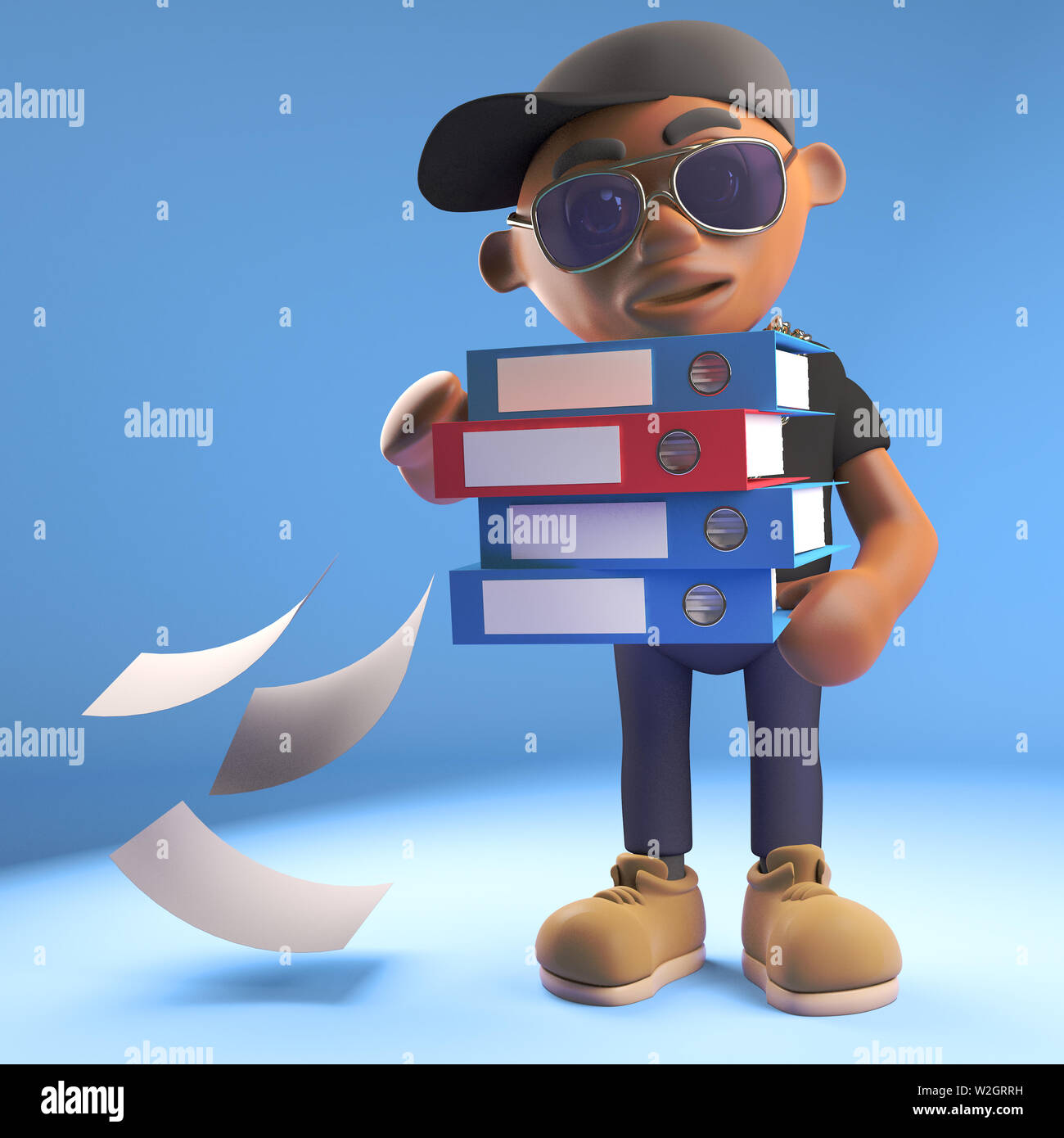 Black hiphop rapper in baseball drops files from his folders, 3d ...