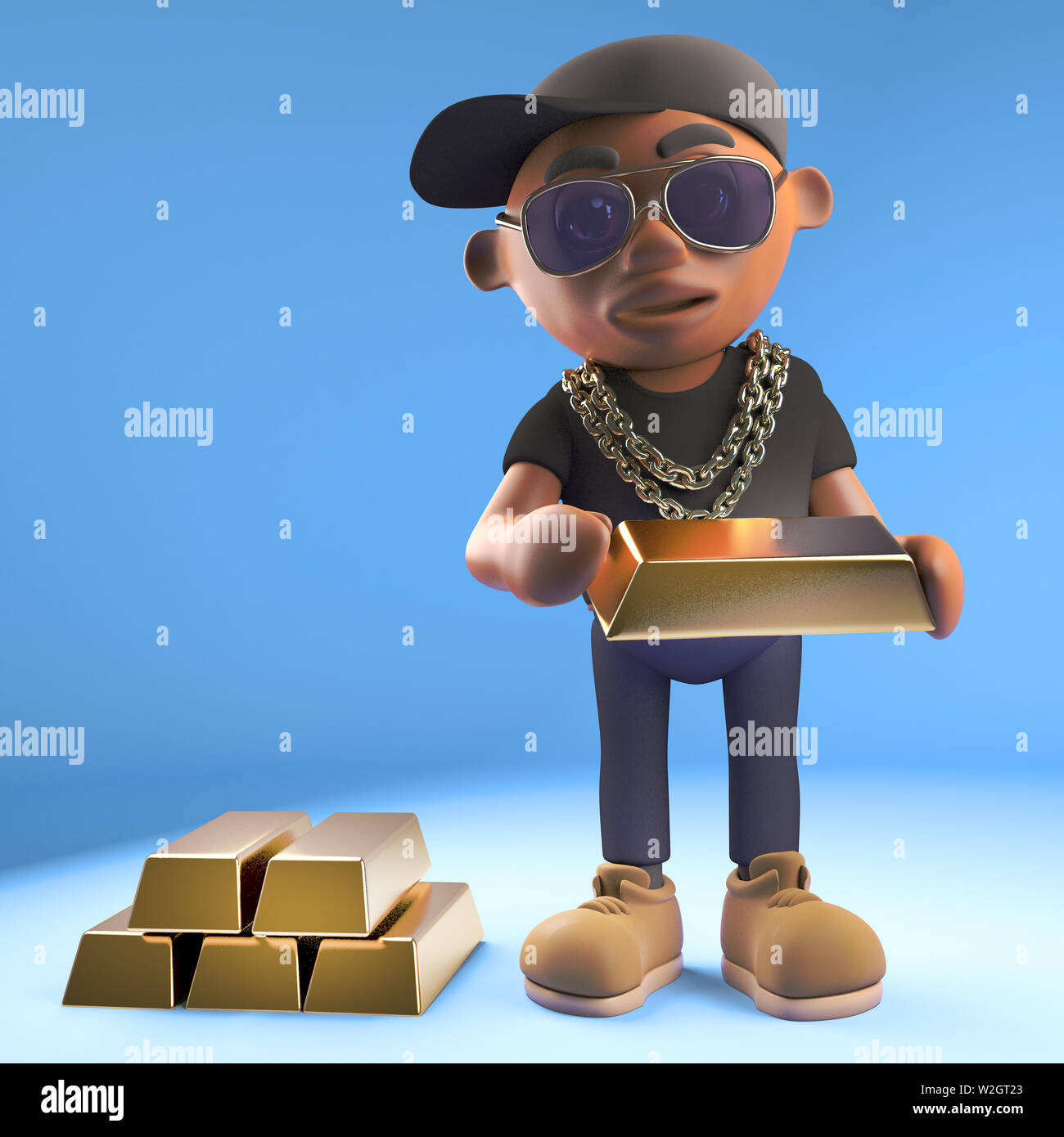 Wealthy black hiphop rapper in baseball cap counts his gold bullion ...