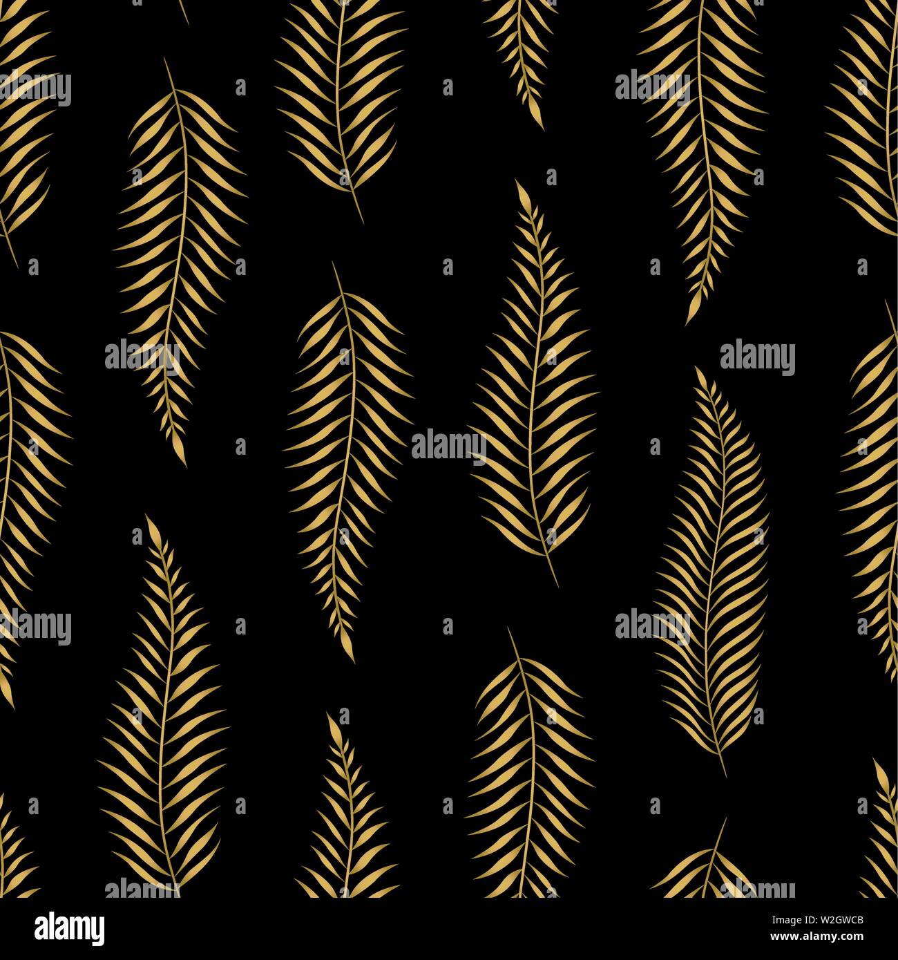Gold palm leaves seamless pattern. Gold leaf on black background ...