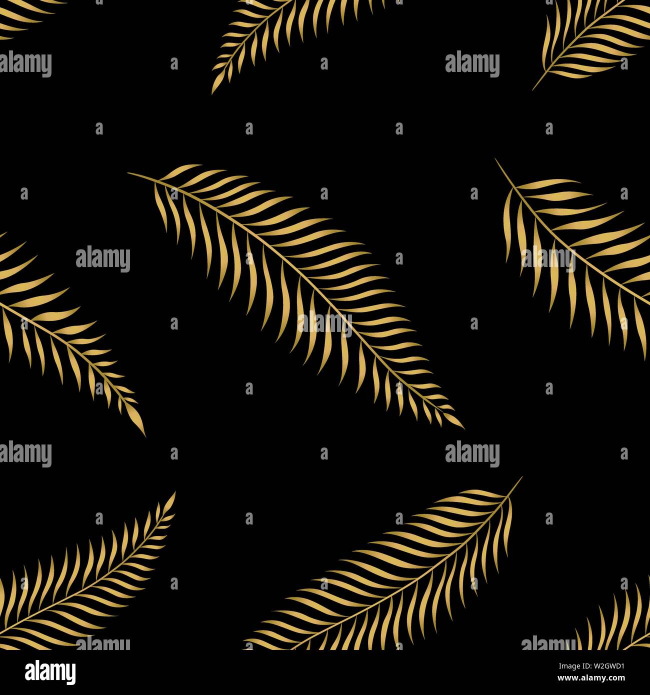 Gold palm leaves seamless pattern. Gold leaf on black background ...