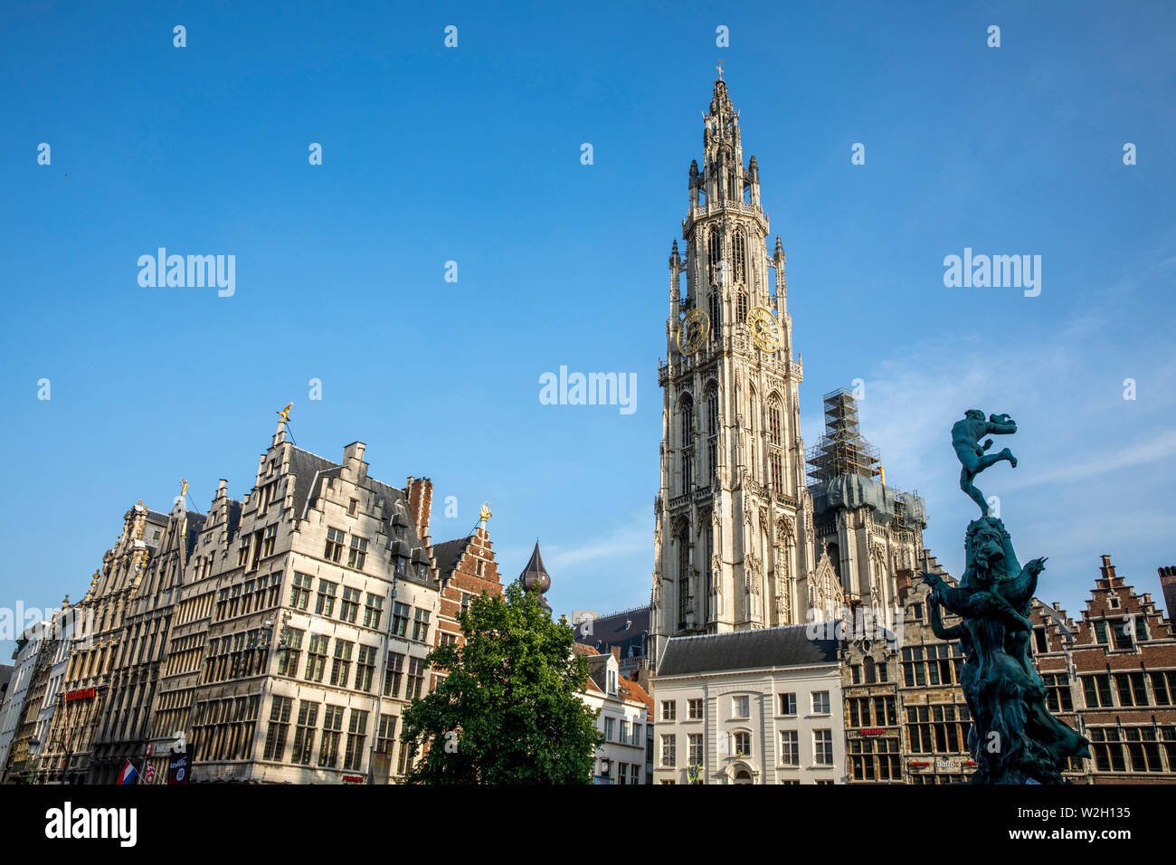 Heritage buildings and cathedral spire, Antwerp, Belgium Stock Photo ...