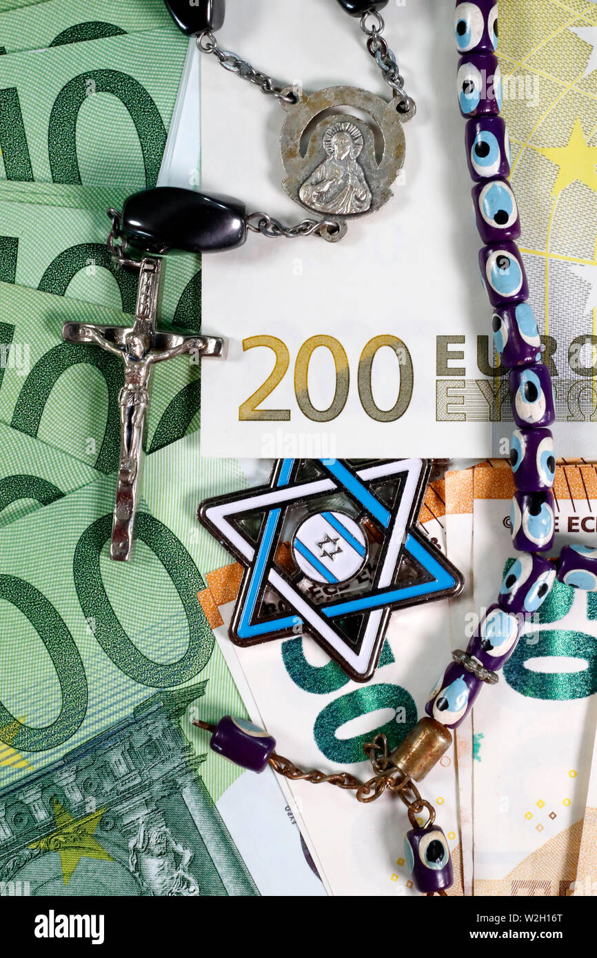 Banknotes of euro currency. Christianity, Islamic and Judaism finance ...