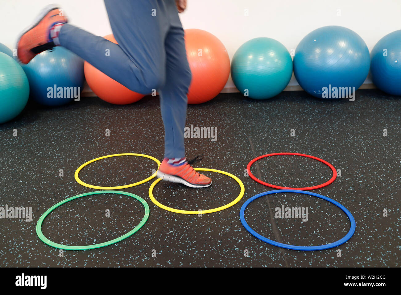 Health club. Training with plastic hoops. France Stock Photo - Alamy