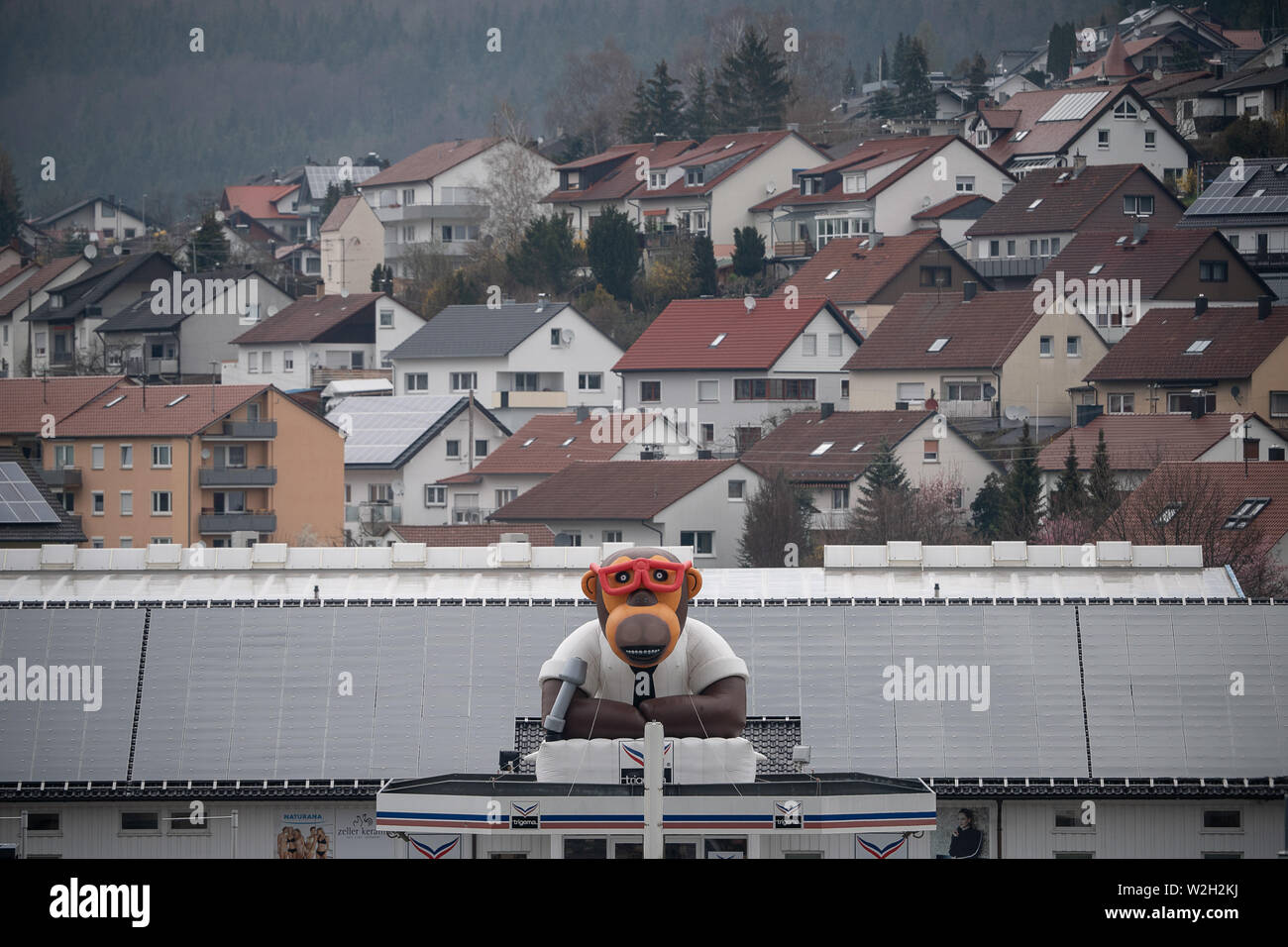 Burladingen, Germany. 16th Apr, 2019. An inflatable plastic monkey sits ...