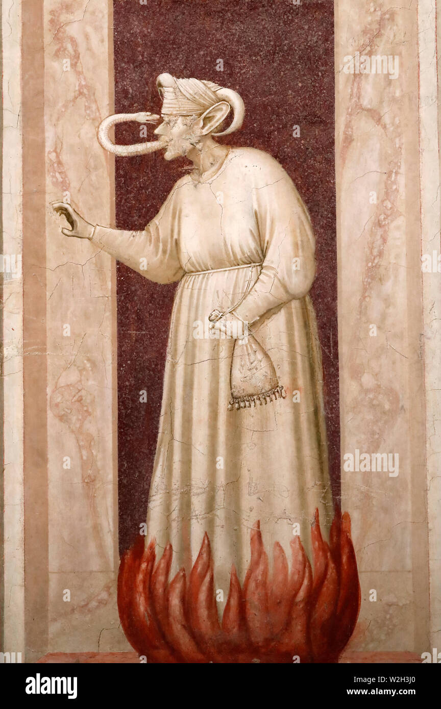 The Scrovegni Chapel. Fresco by Giotto, 14 th century. Vice. Invidia ...