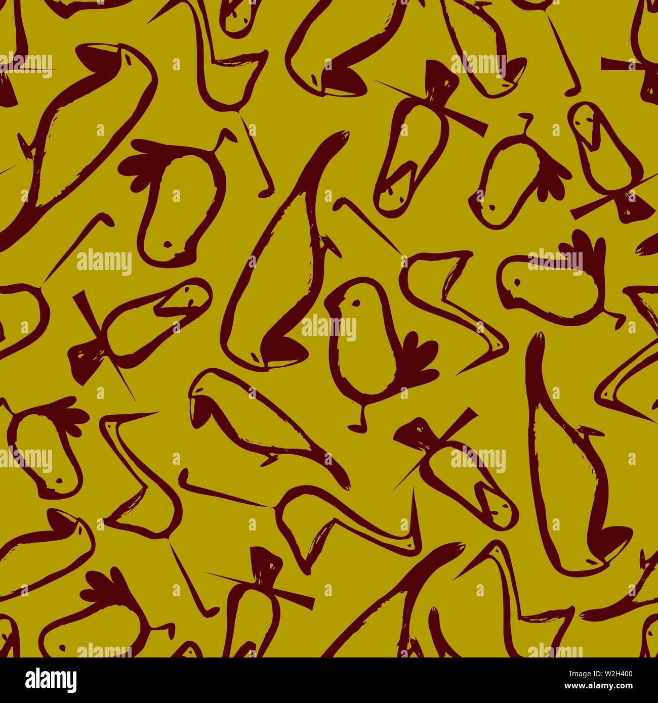 Seamless vector pattern with birds outline doodles on mustard ...