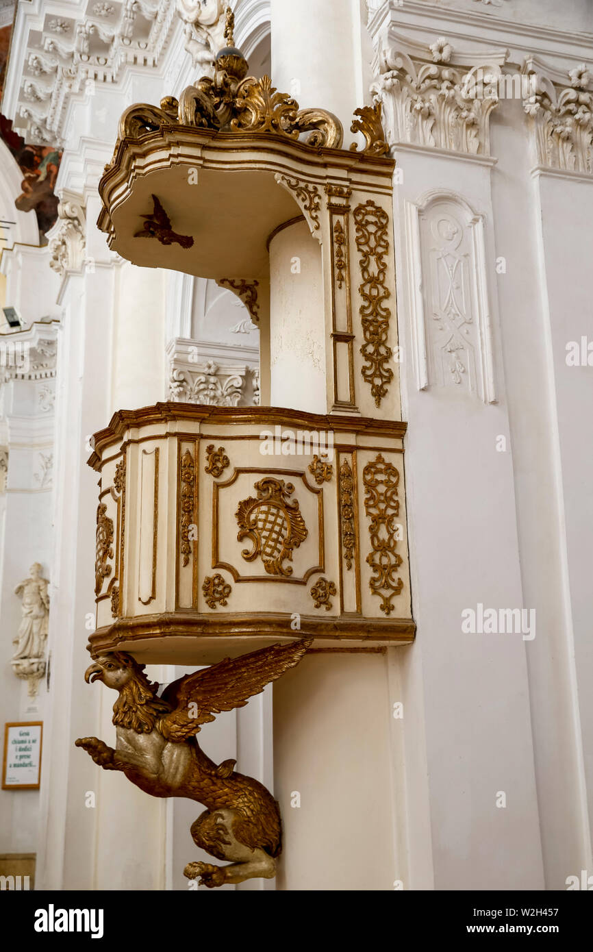 San Carlo (St Charles) church, Noto, Sicily (Italy). Baroque pulpit ...