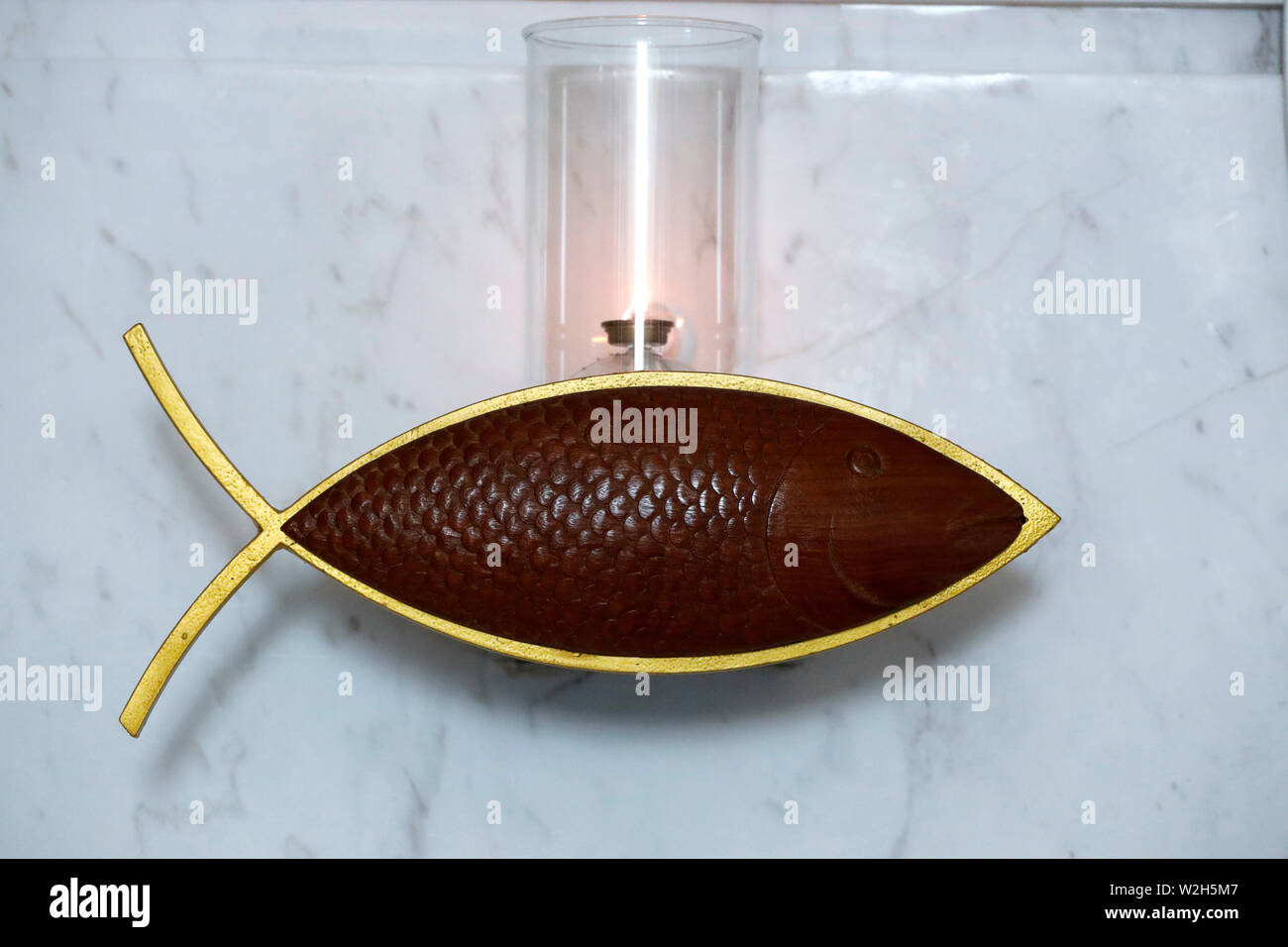 Fish tabernacle lamp in a catholic church. Bien Hoa. Vietnam Stock ...