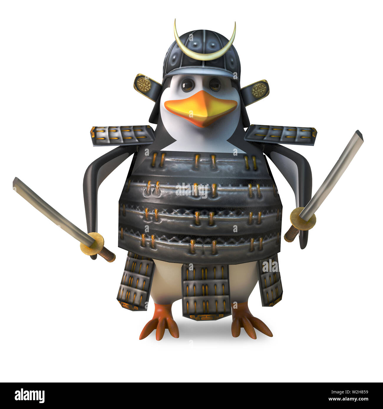 Noble Japanese penguin samurai warror wields two mighty katana swords ...