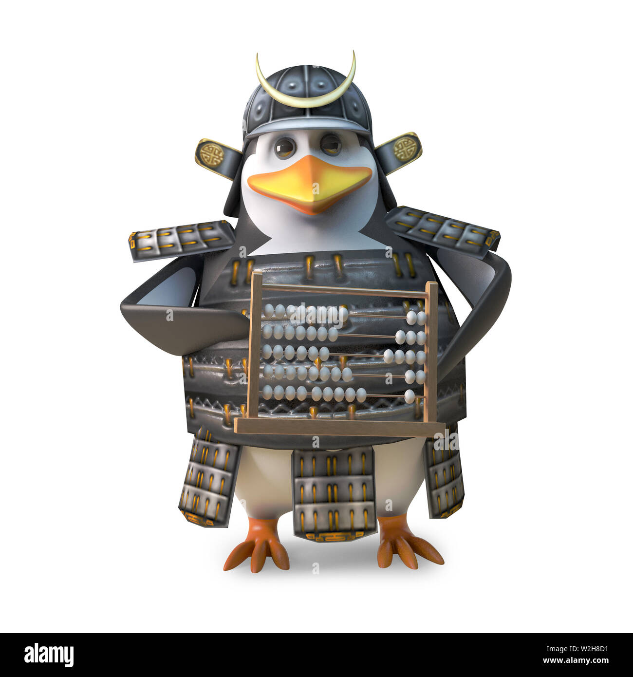 Educated Japanese penguin samurai warrior counting on an abacus, 3d ...