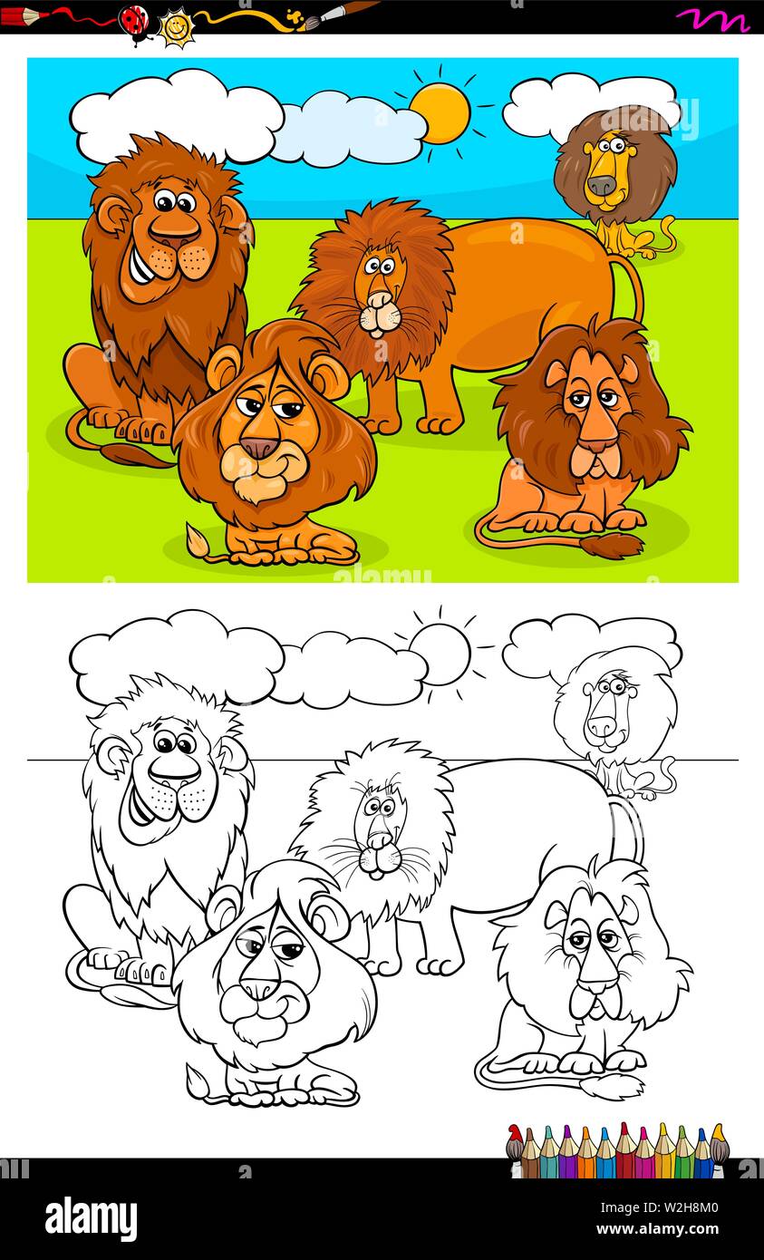 Cartoon Illustration of Funny Lions Animal Characters Coloring Book ...