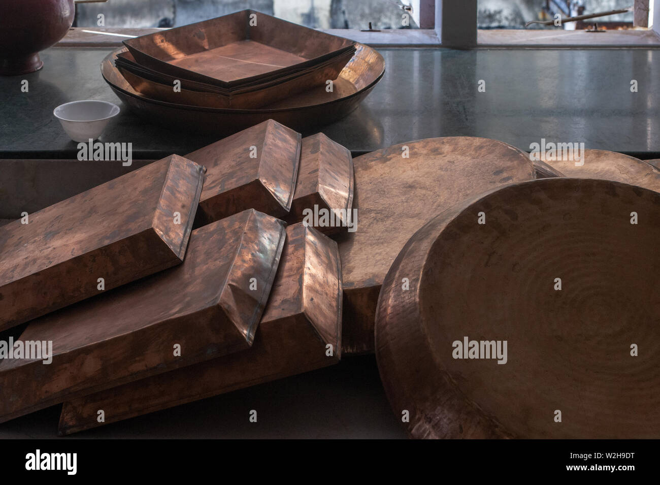 copper pooja (ritual) utensils INDIA Stock Photo - Alamy