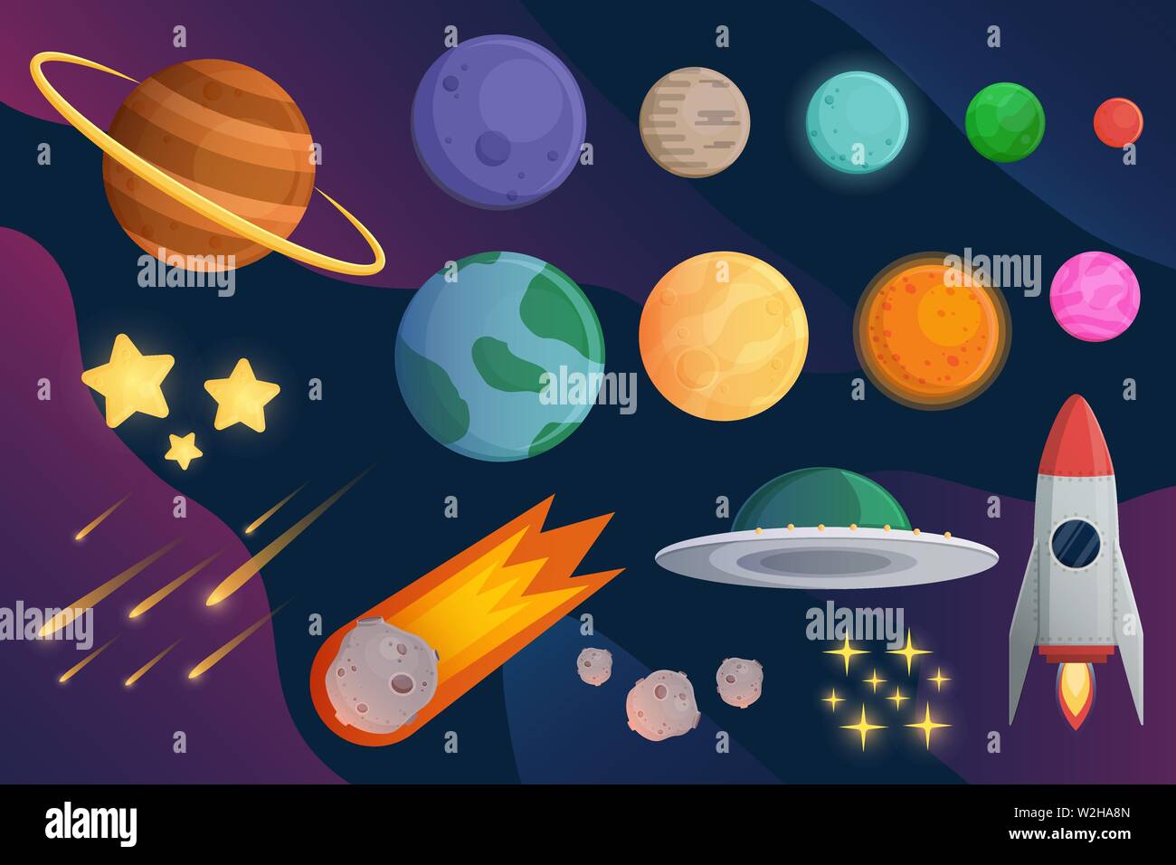 Set planet with spaceship or rocket and galaxy vector background Stock ...