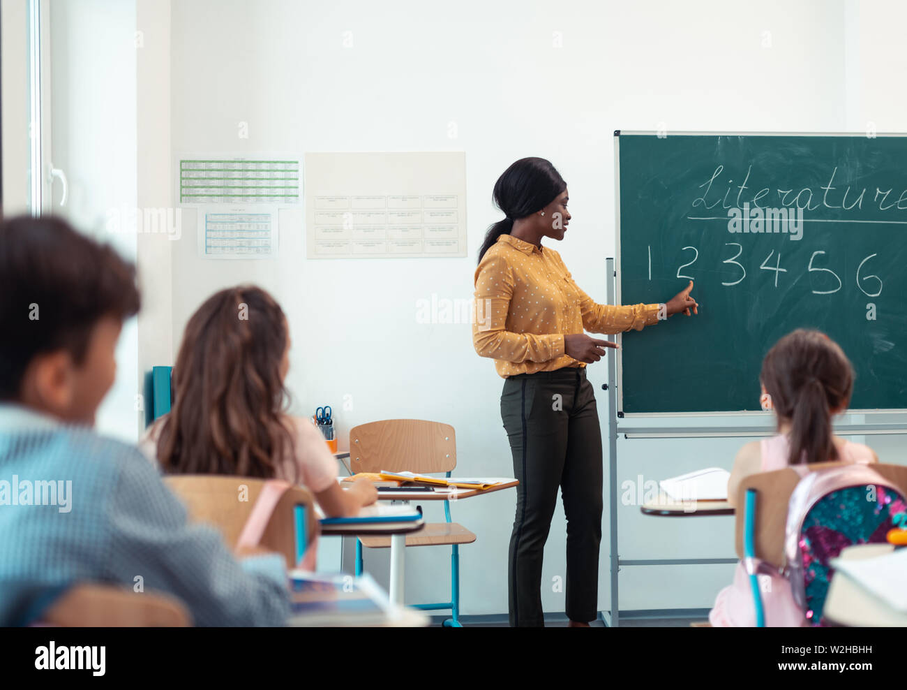 Dark-haired teacher standing near the blackboard Stock Photo - Alamy
