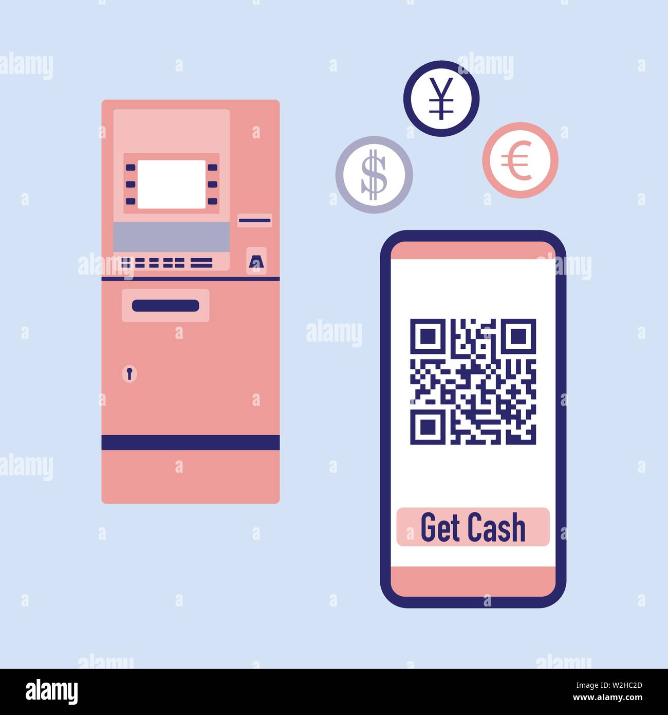 Vector illustration with phone with qr code, ATM cash withdrawal ...