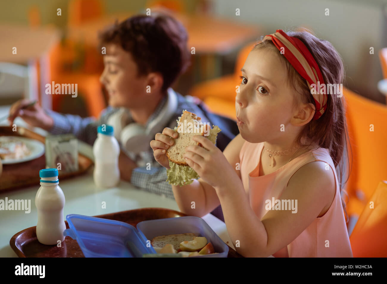 Dark-haired schoolgirl chewing her sandwich while having lunch Stock ...