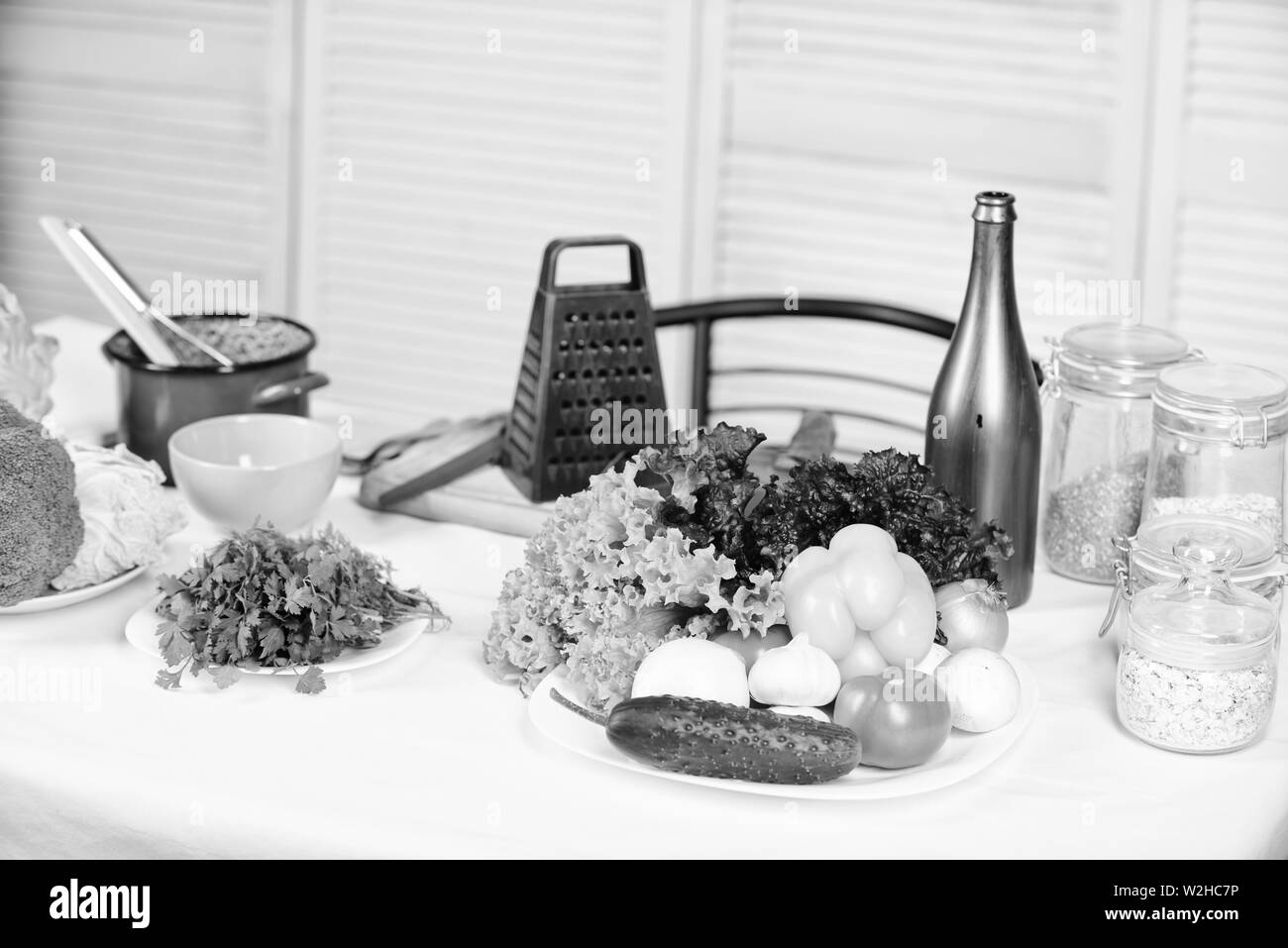 Cooking vegetables useful tips. Table with culinary utensils and ...