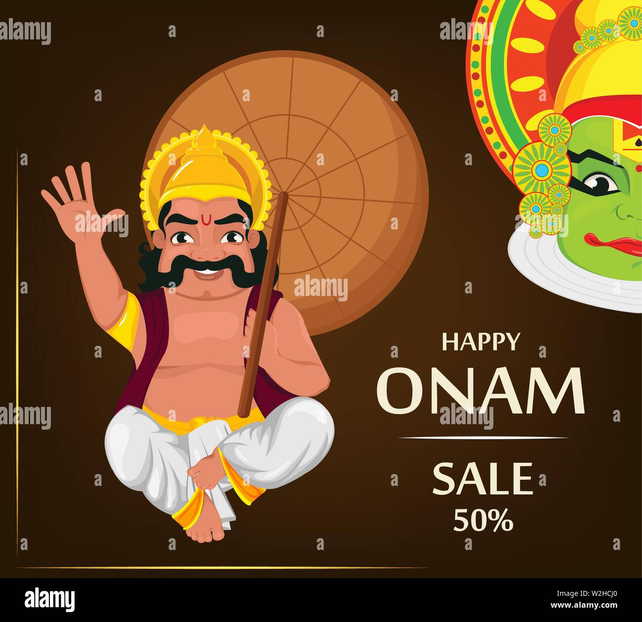 King Mahabali sitting and holding umbrella. Happy Onam festival in ...