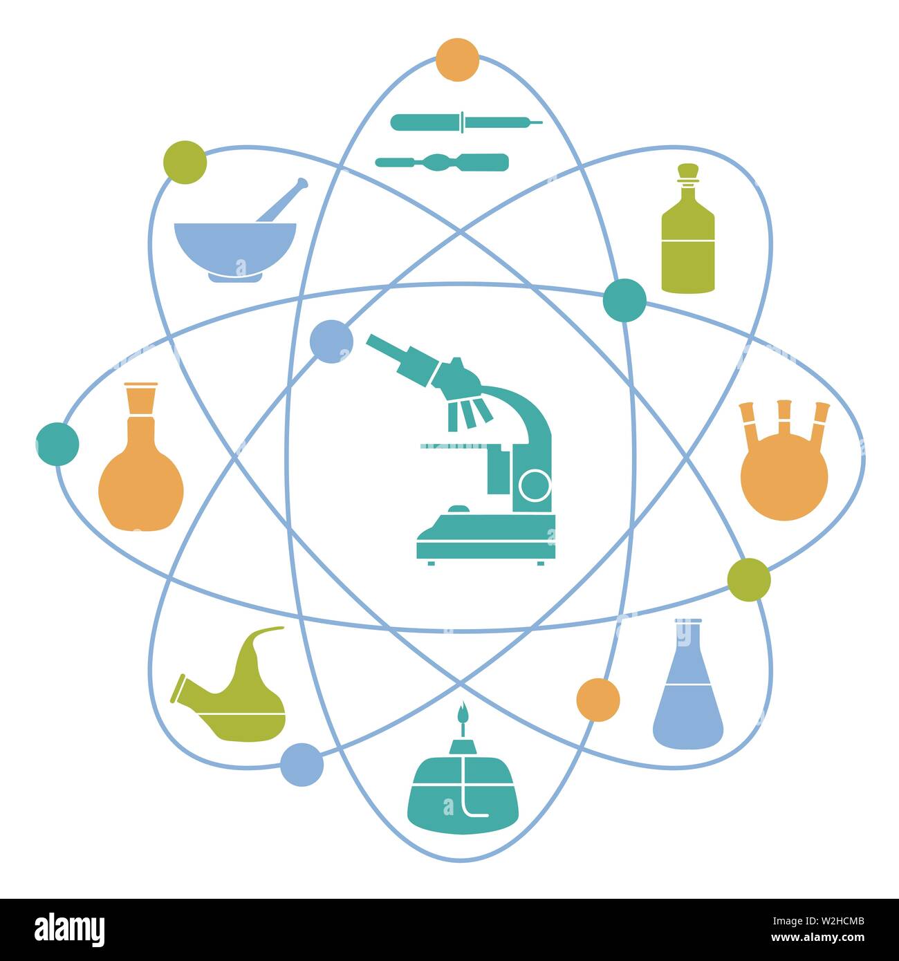 Vector illustration with atomic structure, glassware flasks, burner ...