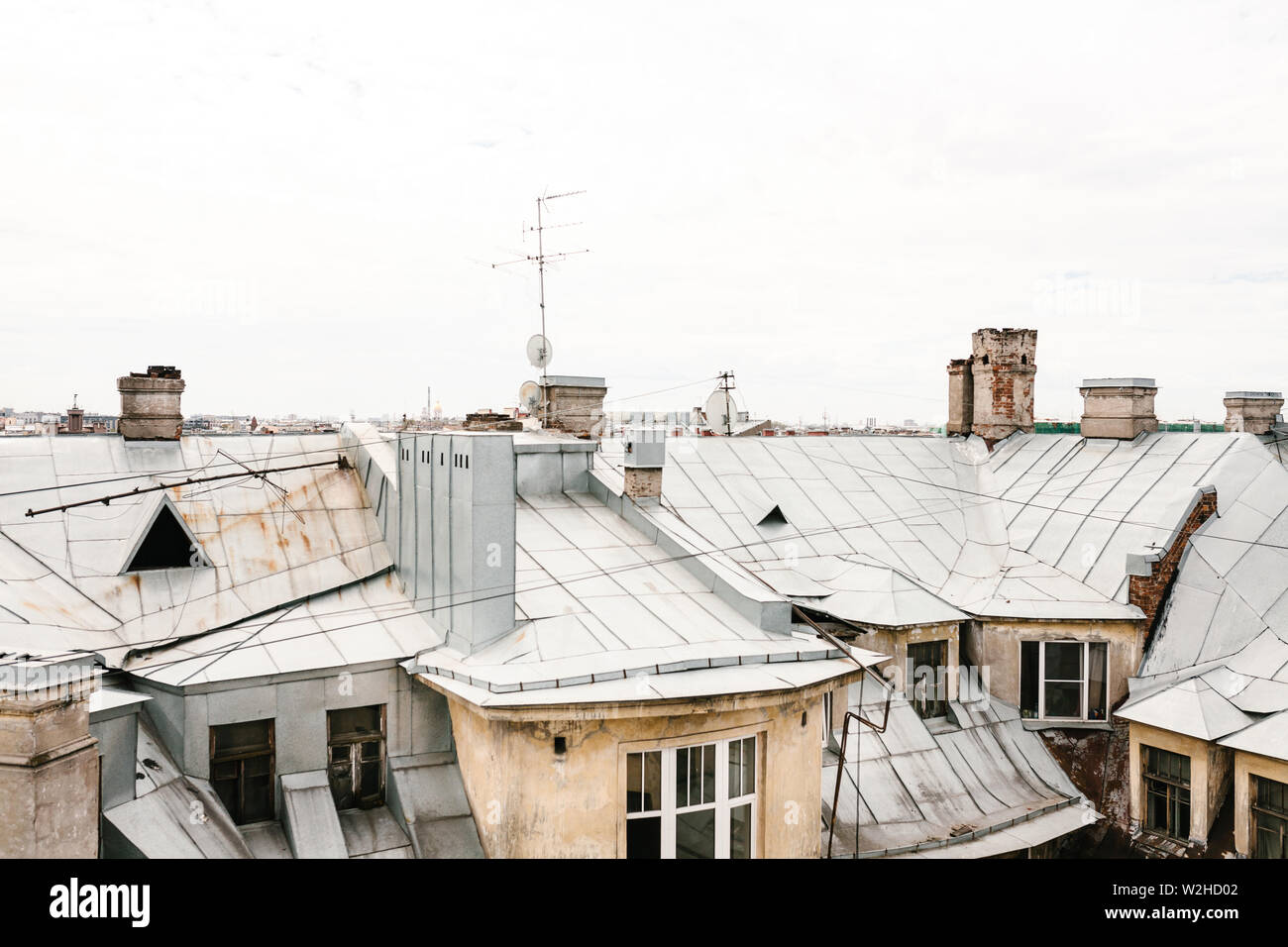 Beautiful top view of the roofs of authentic houses in St. Petersburg ...