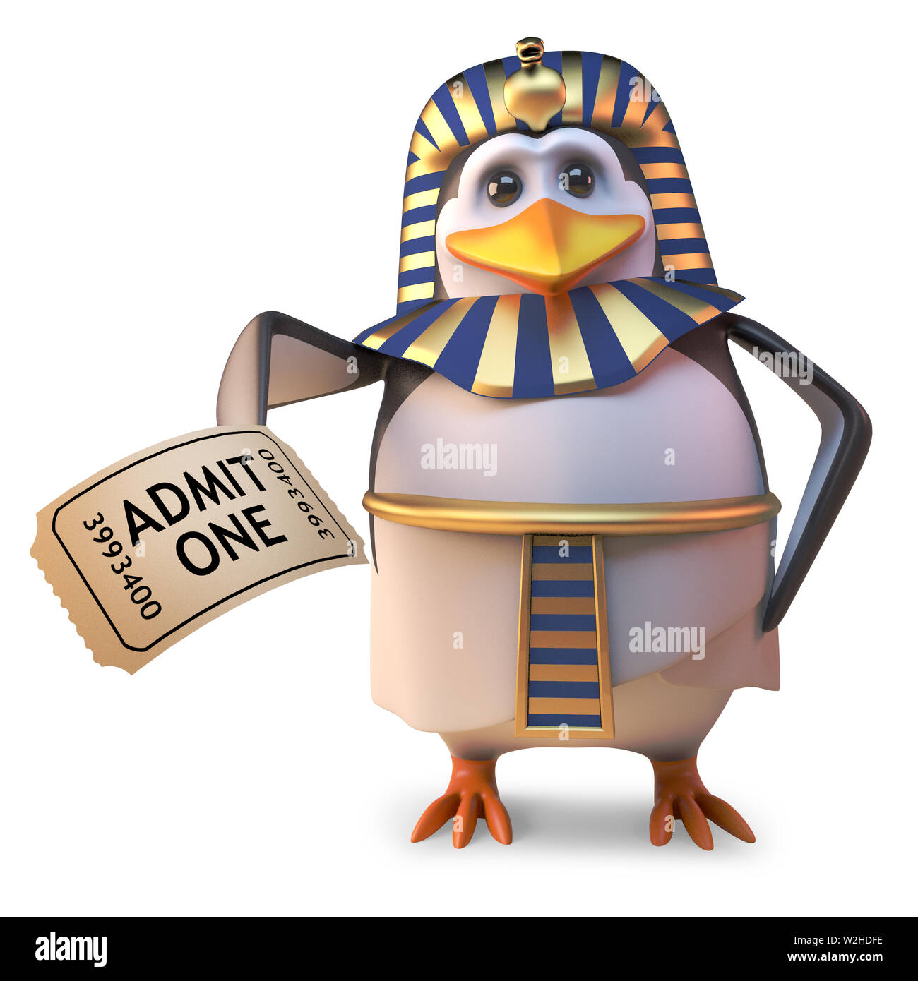 Cartoon Egyptian penguin pharaoh holding a ticket of admission, 3d ...