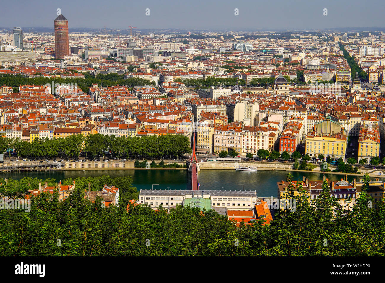 Elevated view of Lyon by the Rhone and Saone river goes through its old ...