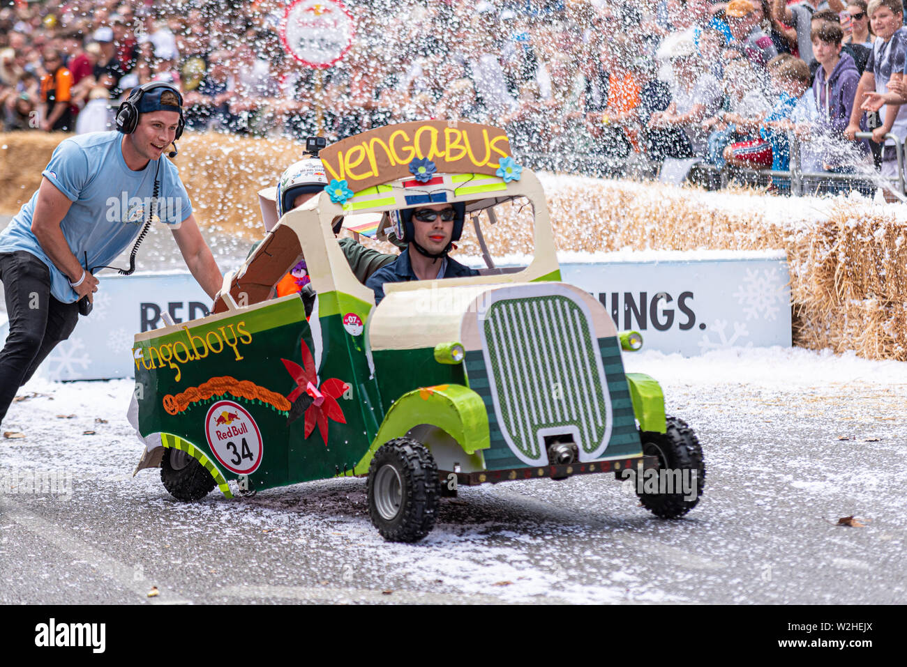 Venga Bus competing in the Red Bull Soapbox Race 2019 at Alexandra Park ...