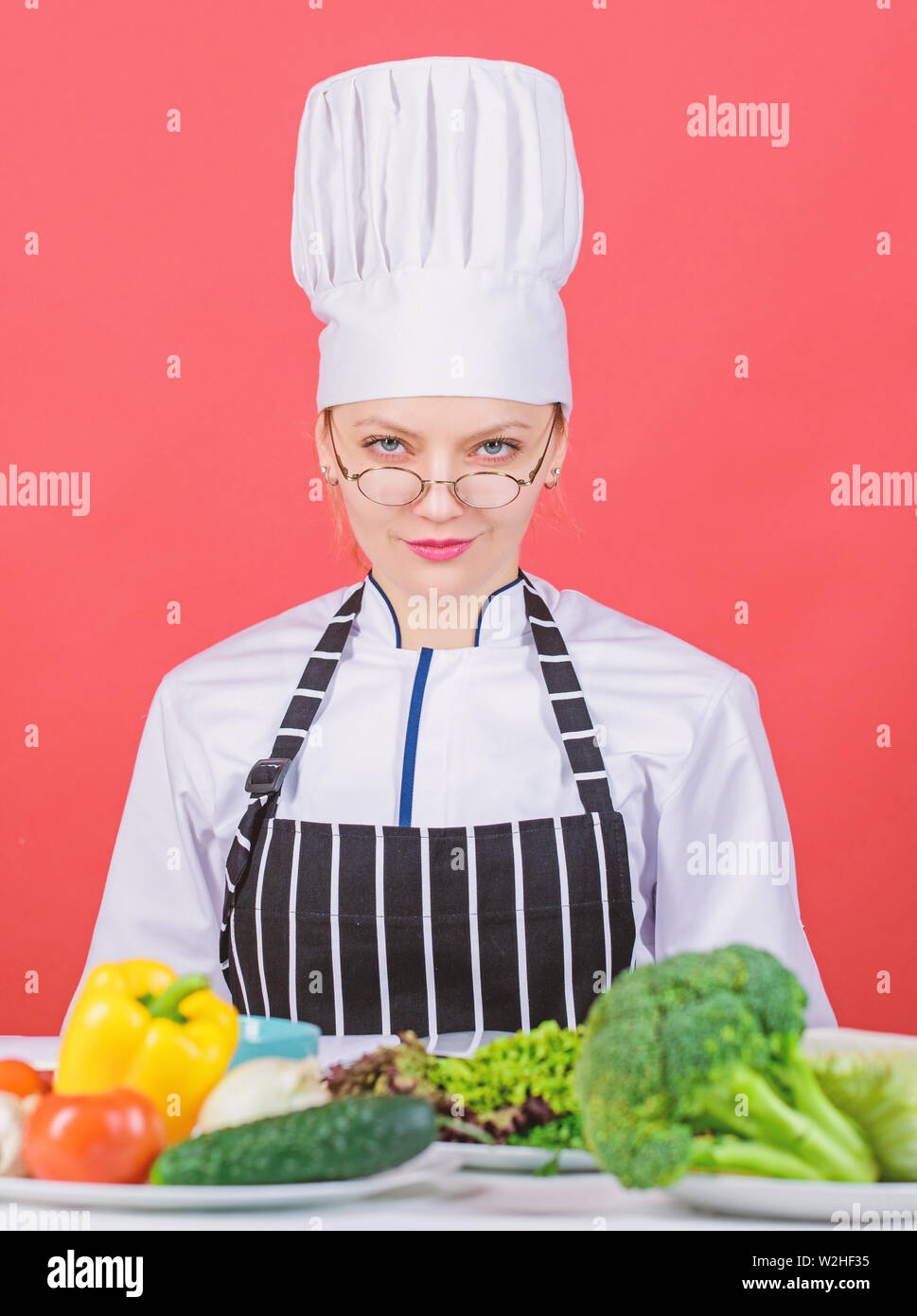 Culinary school concept. Female in apron knows everything about ...