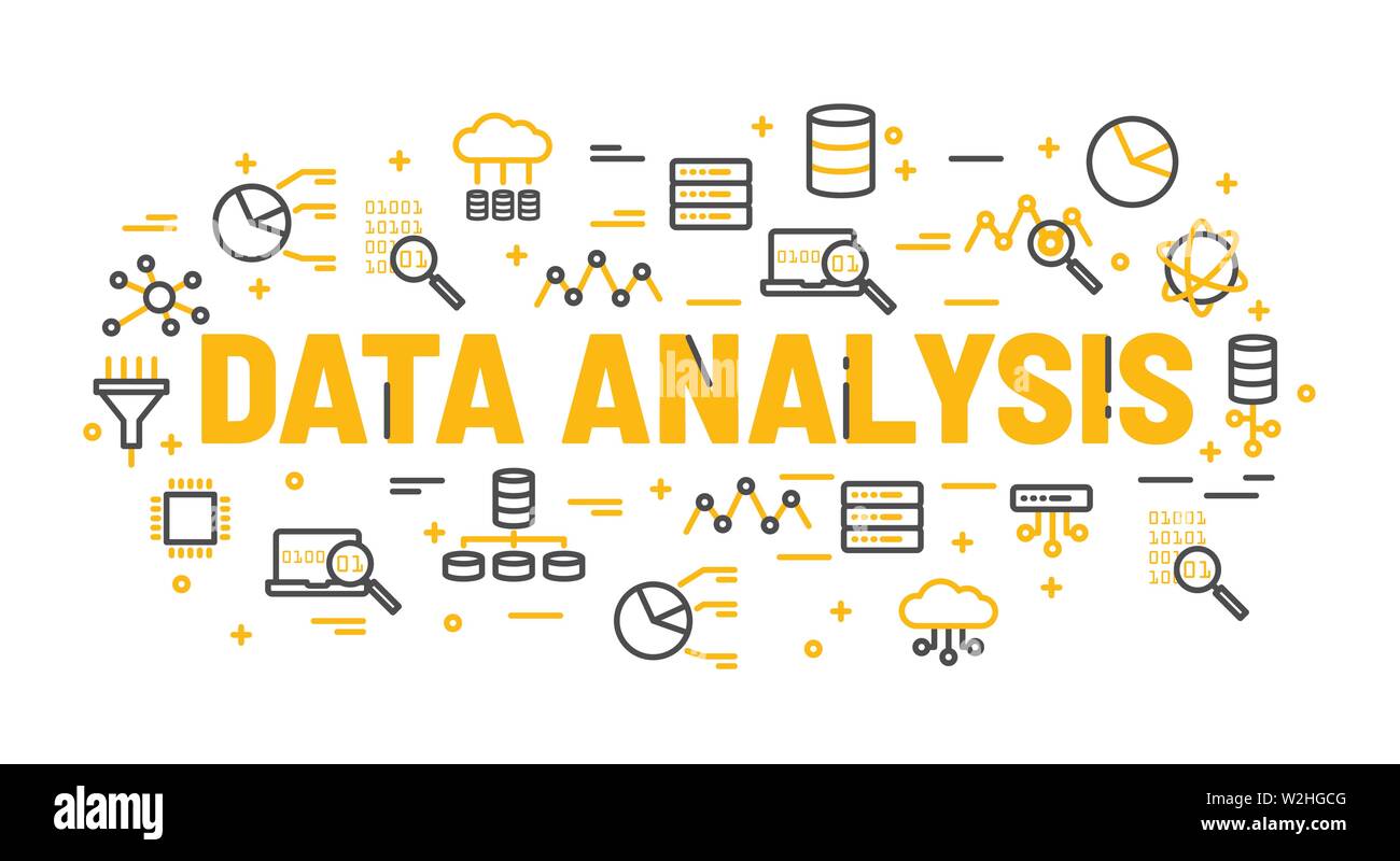 The words Data Analysis surrounded by icons of database, cloud ...