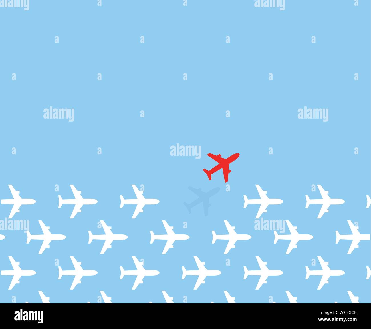 White airplanes group fly in one direction and only one red airplane ...