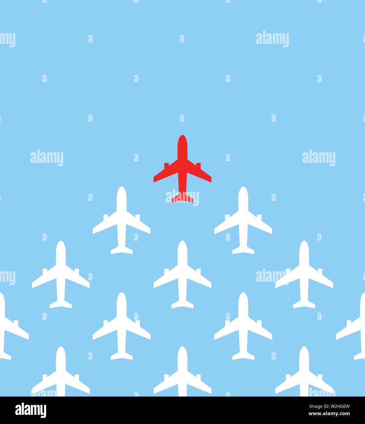 Leadership concept. One red leader airplane leads other white airplanes ...