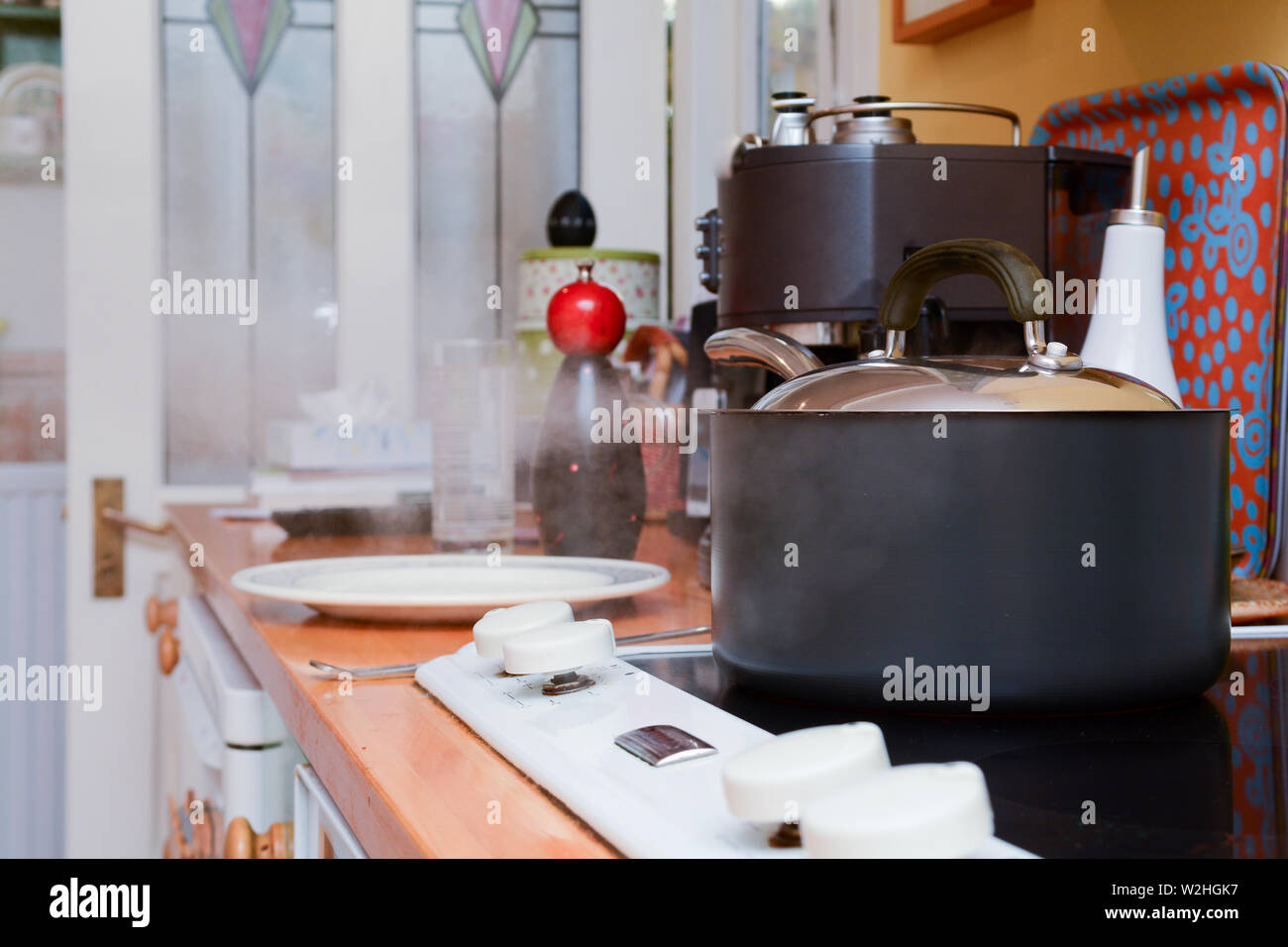 Cooking dinner at home in the kitchen, steam coming from under a ...