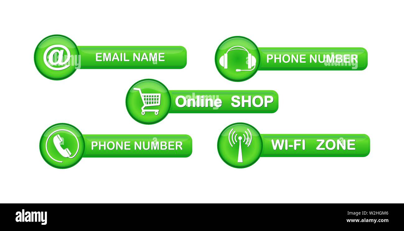 set of green buttons with contact symbols to design websites and ...