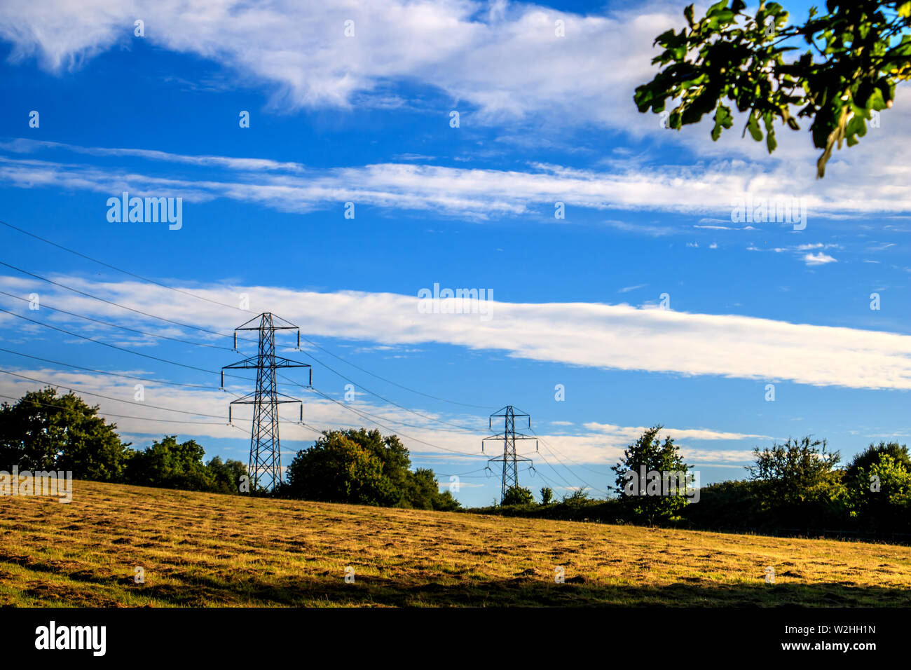 Electricity pylons among fields in the English countryside Stock Photo ...