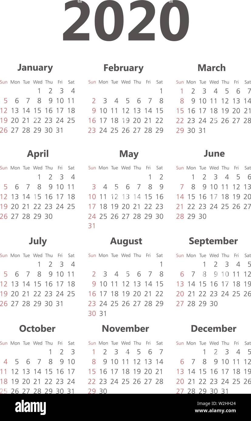 Calendar 2020 year. Black and white vector template. Week starts on ...