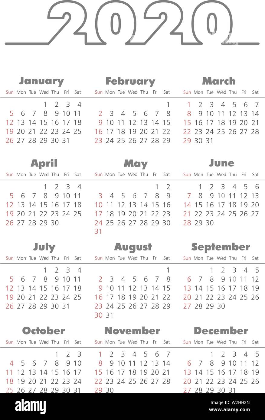 Calendar 2020 year. Black and white vector template. Week starts on ...