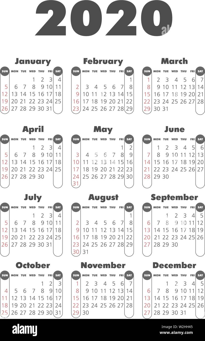 Calendar 2020 year. Black and white vector template. Week starts on ...