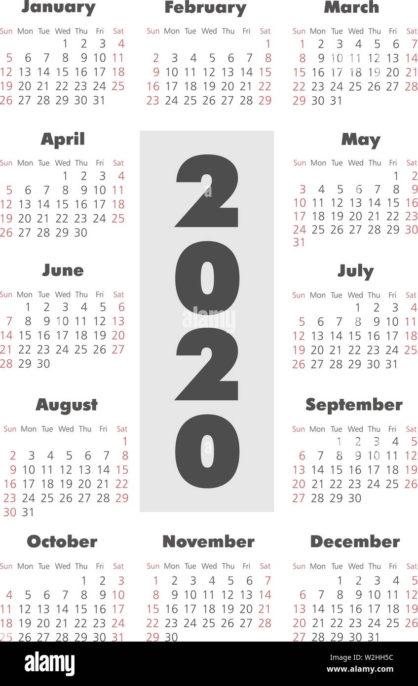 Calendar 2020 year. Black and white vector template. Week starts on ...