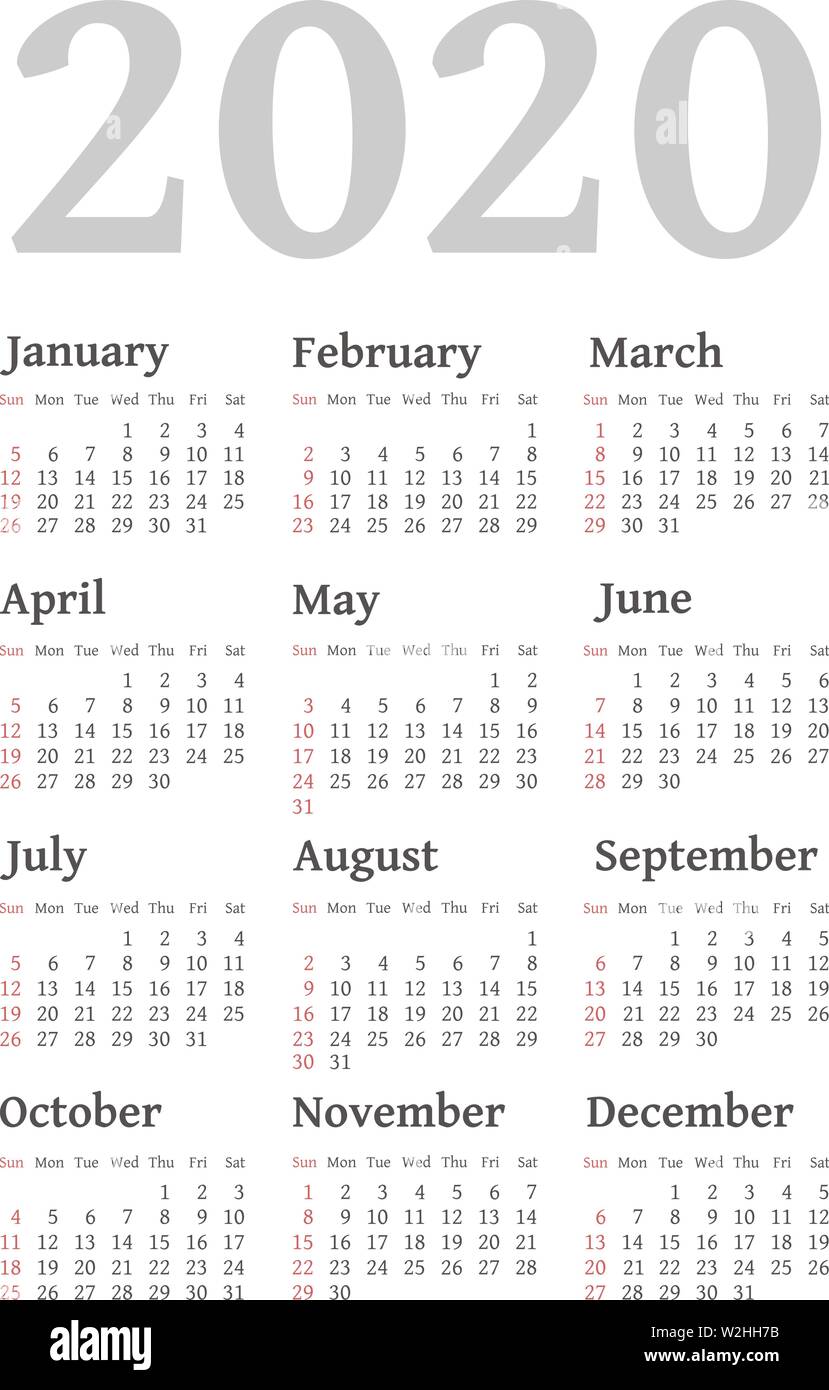 Calendar 2020 year. Black and white vector template. Week starts on ...