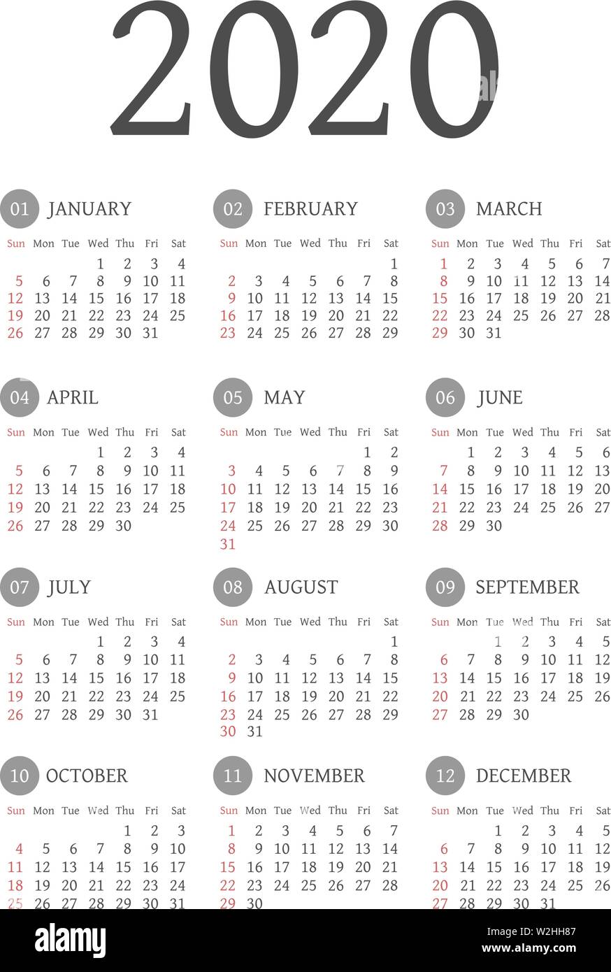 Calendar 2020 year. Black and white vector template. Week starts on ...