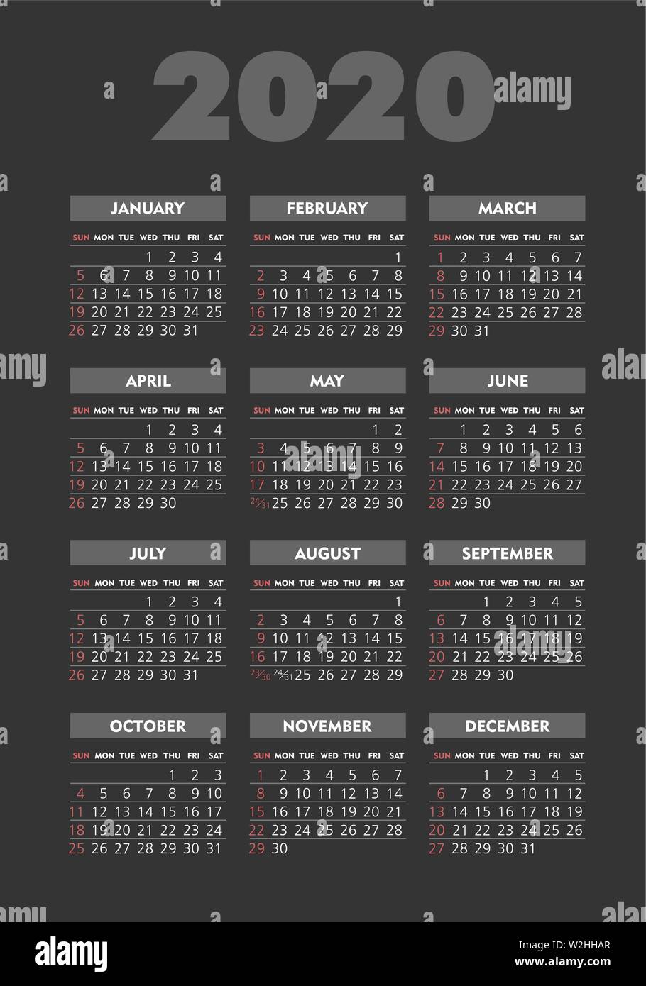 Calendar 2020 year. Black and white vector template. Week starts on ...
