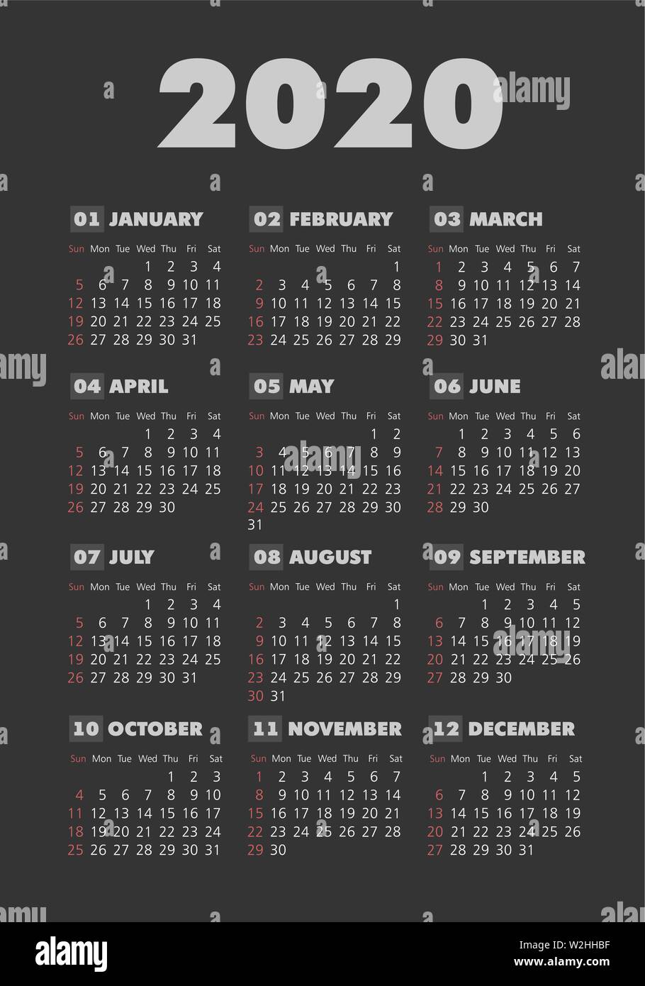 Calendar 2020 year. Black and white vector template. Week starts on ...