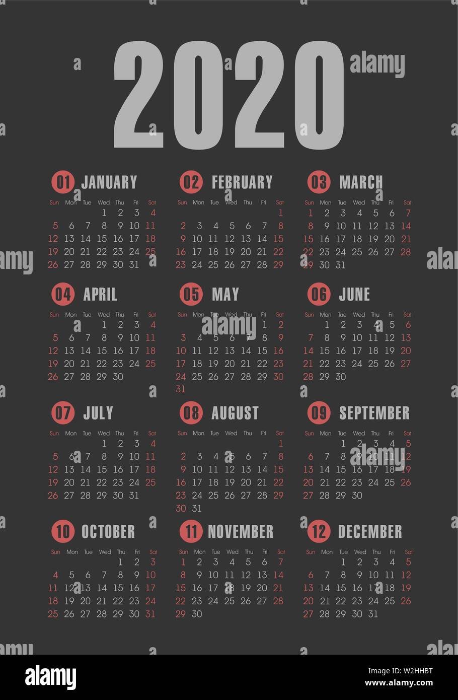 Calendar 2020 year. Black and white vector template. Week starts on ...