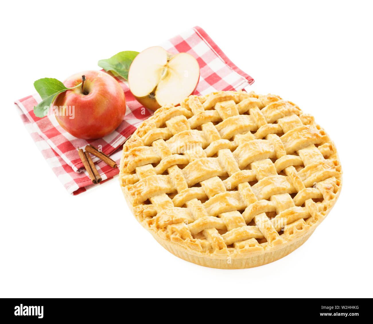 Apple pie, apples and red checkered tablecloth. White background Stock ...