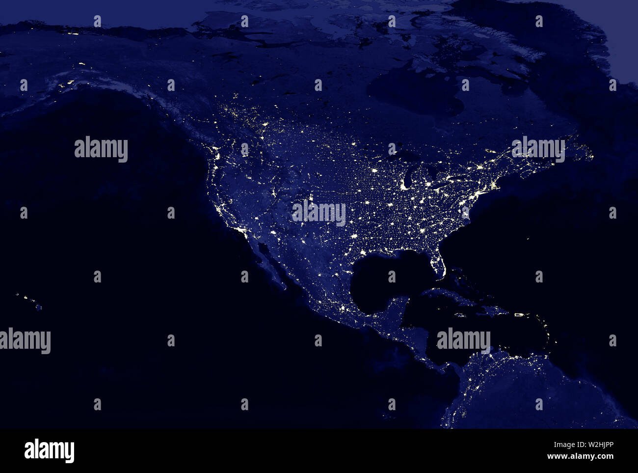 American continent electric lights map at night. City lights. Map of ...