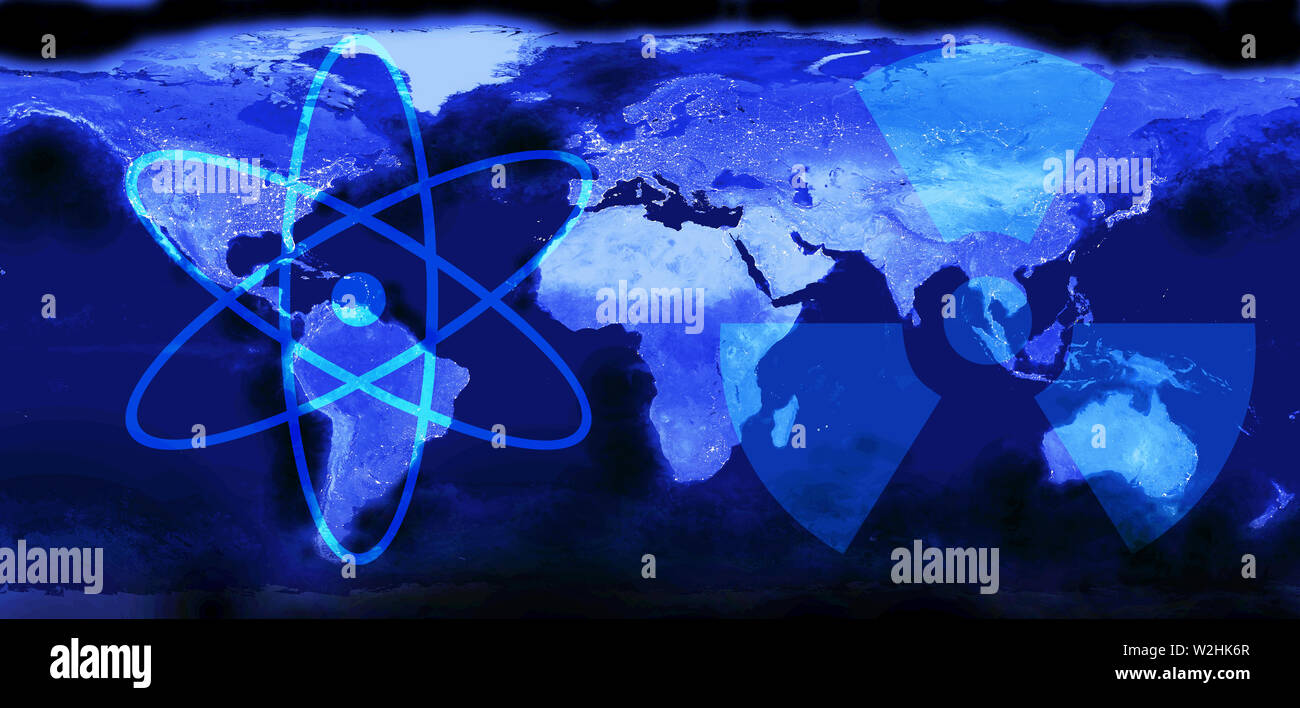 World map. View from outer space.Symbols of atom and radioactivity ...