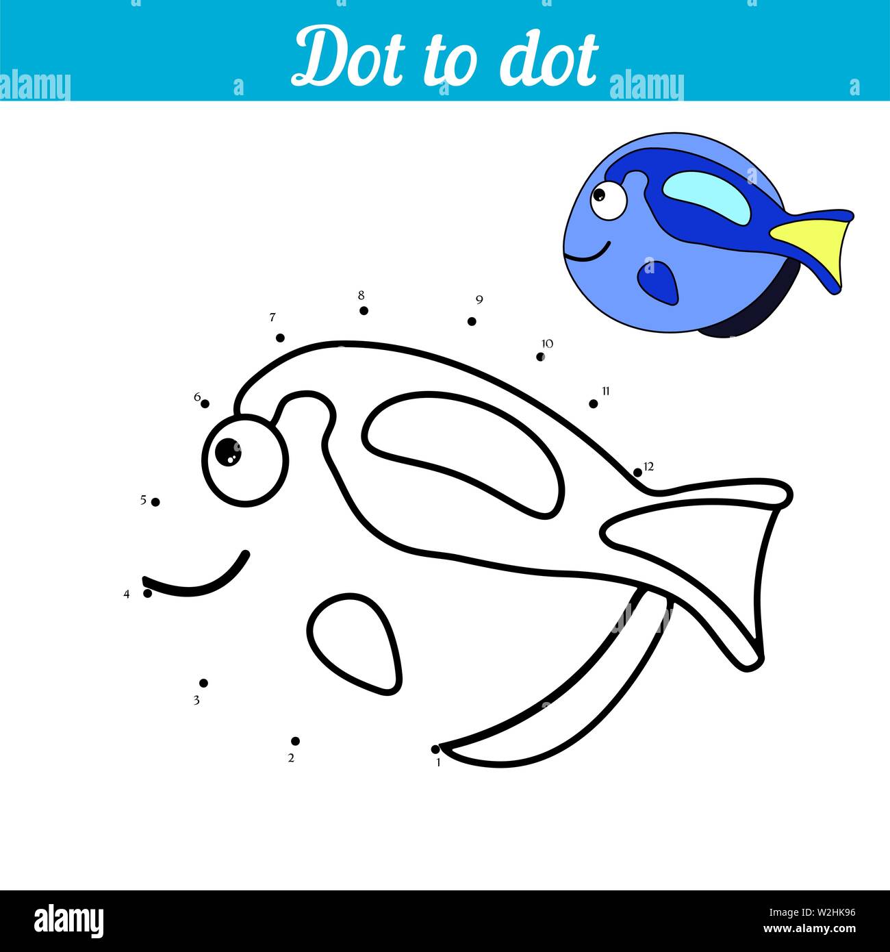 Dot to dot. Blue fish. Connect dots and color the picture. Kid game ...