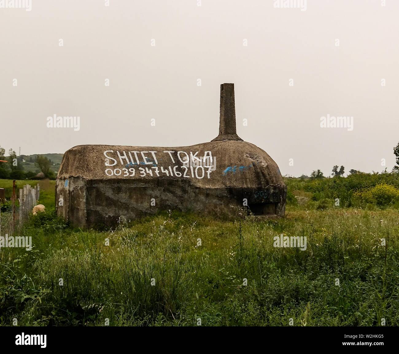 Landscape with the military bunkers in the middle of a rural fields ...